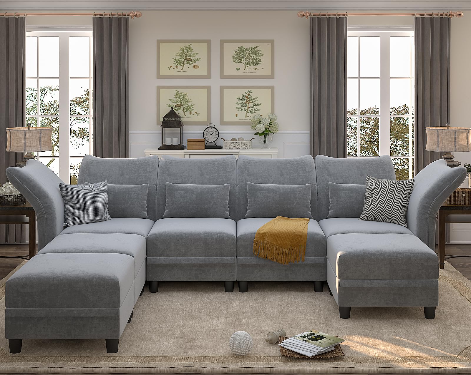 LLappuil Chenille Sectional Couch U Shaped 7 Seater Deep Modular Sectional Sofa with Storage and Adjustable Armrest Backrest, Large Sectional Sleeper Sofa Set, Grey