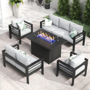 layinsun aluminum furniture set with fire pit table, 5 pieces patio sectional conversation chat sofa modern seating set