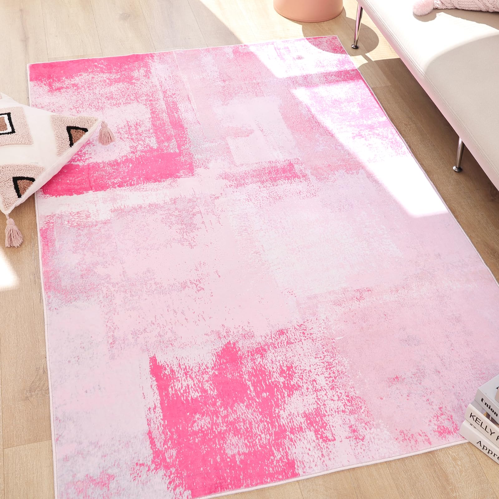 TRUEDAYS Area Rug Washable Pink Rug - 5x7 Rug Modern Abstract Rug for Entryway College Dorm Living Room Bedroom - Soft Low Pile Indoor Carpet with Non-Slip Backing for Home Décor