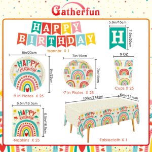 Retro Rainbow Themed Happy Birthday Party Supplies Set - Vibrant Disposable Paper Plates, Cups, Napkins, Tablecloth & Birthday Banner - Fun & Colorful Design for Boys/Girls - For 25 Guests