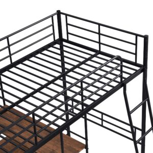 P PURLOVE Twin Size Metal Loft Bed with Desk for Kids,Girls,Boys,Twin High Loft Bed with Storage Shelves and Built in Ladder for Living Room,No Box Spring Needed,Black