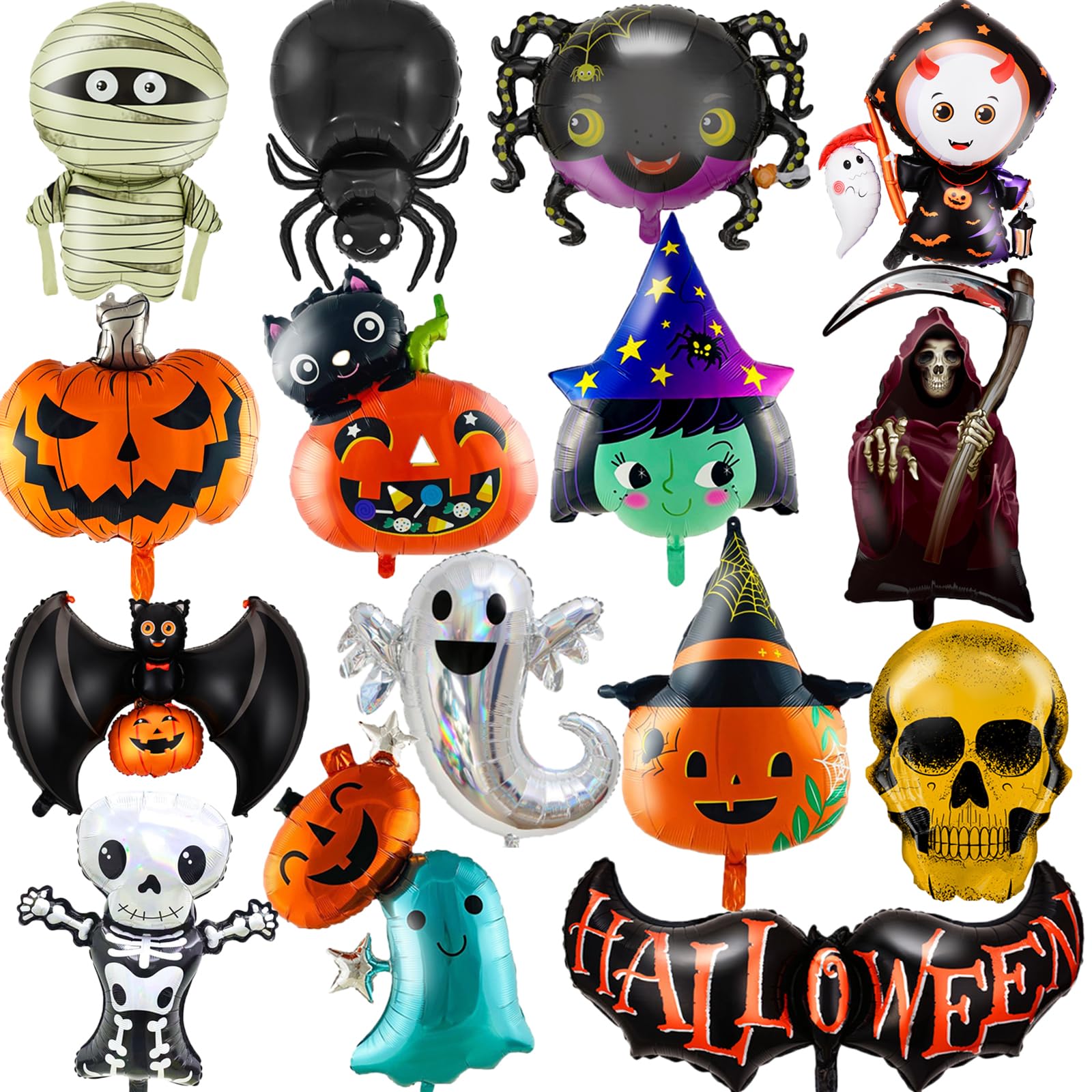 Halloween Balloons - 15 Pcs Halloween Foil Balloons, Bat Ghost Pumpkin Spider Skull Specter Witch Vampire Foil 3D Balloon Kit Decorations, Halloween Decorations for Birthday Party School Home Decor