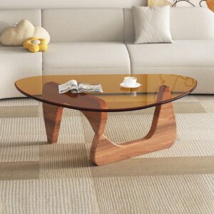 mid-century modern coffee table - triangle glass top natural wood base triangle coffee table for living room patio office abstract end tables (walnut/brown, large 45 * 32.3 * 15.7)