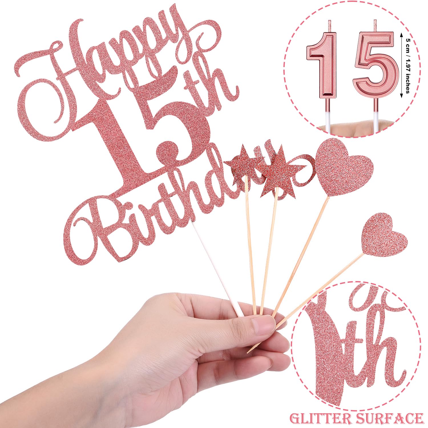 15th Birthday Cake Decorations Set Include 15th Birthday Candles Numeral 15 Cake Candles and Happy 15th Birthday Cake Toppers with Heart Star Cupcake Picks for Birthday Party (Rose Gold Series)