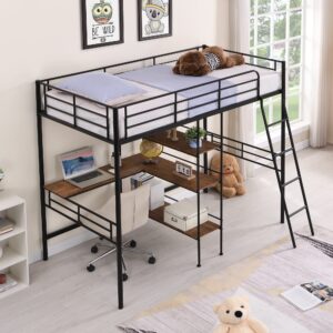 p purlove twin size metal loft bed with desk for kids,girls,boys,twin high loft bed with storage shelves and built in ladder for living room,no box spring needed,black