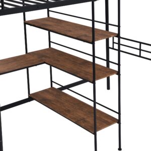 P PURLOVE Twin Size Metal Loft Bed with Desk for Kids,Girls,Boys,Twin High Loft Bed with Storage Shelves and Built in Ladder for Living Room,No Box Spring Needed,Black