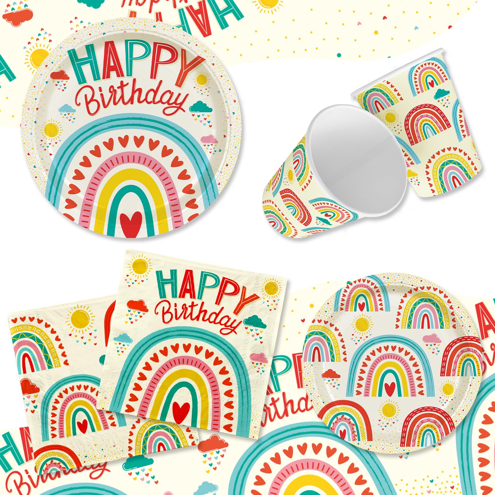 Retro Rainbow Themed Happy Birthday Party Supplies Set - Vibrant Disposable Paper Plates, Cups, Napkins, Tablecloth & Birthday Banner - Fun & Colorful Design for Boys/Girls - For 25 Guests