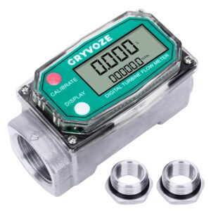 gryvoze 1 inch digital turbine fuel flow meter, 2.6-26 gpm inline npt thread flowmeter with 3/4 in adapters for water, diesel, gas oil, gasoline, and other liquids - supports gallon, qts, pts, l, m³