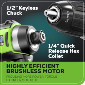 Greenworks 24V Brushless Cordless Drill and Impact Driver,Power Tool Combo Kit Included 1/2”Drill & 1/4”Hex Impact Driver and (2) Batteries, Fast Charger, 2 pcs Drill Bit Set & Bag