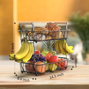 Crixny 2 Tier Fruit Basket for Kitchen Counter with 2 Banana Hangers, Fruit Bowl for Kitchen Counter, Large Fruit Basket Stand, Fruit and Vegetable Storage Fruit Holder for Produce Snack Onion Bread