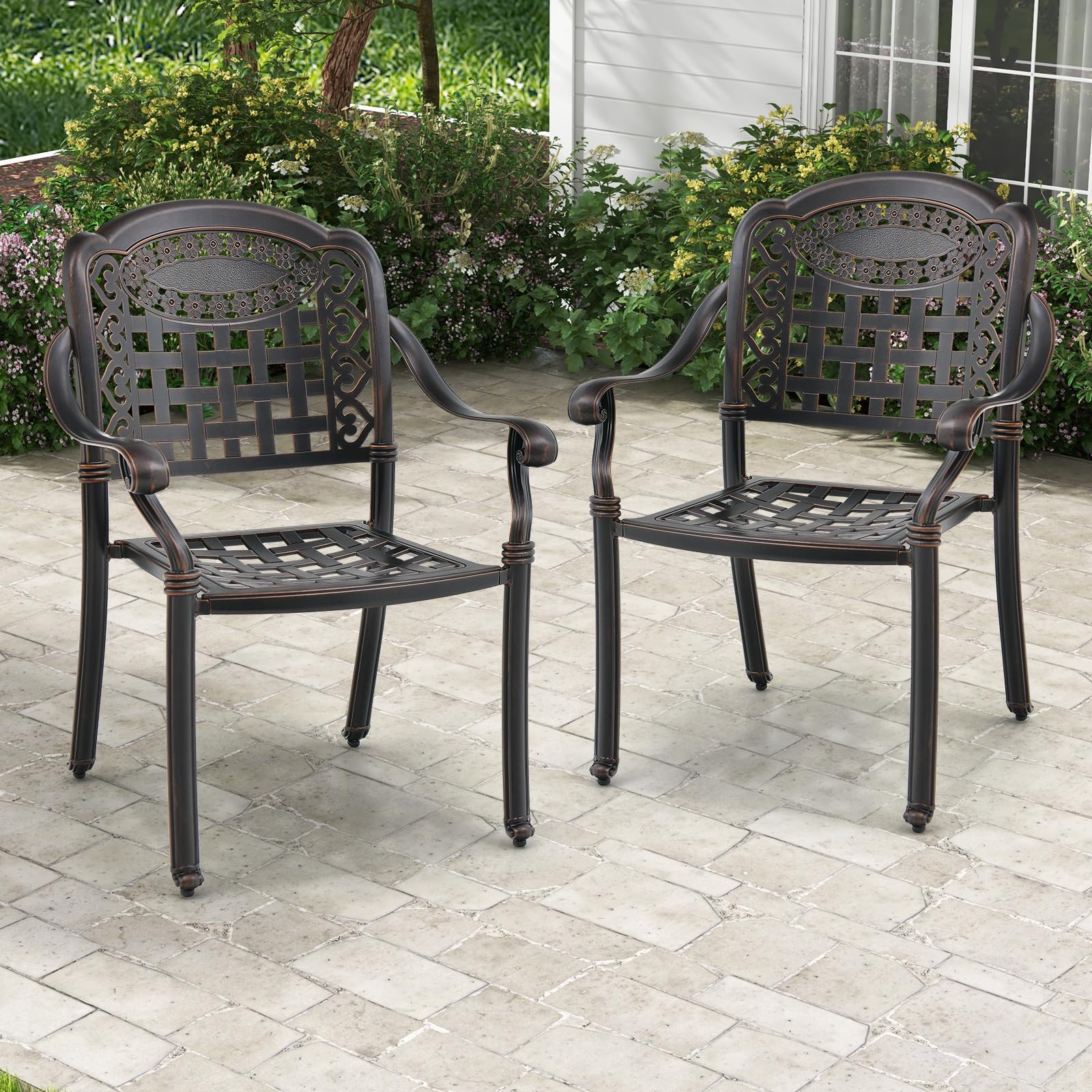 Tangkula Set of 2 Cast Aluminum Patio Dining Chairs, Stackable Outdoor Dining Chairs with Armrests, Outdoor Bistro Chairs for Balcony, Backyard, Garden