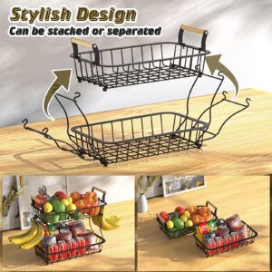 Crixny 2 Tier Fruit Basket for Kitchen Counter with 2 Banana Hangers, Fruit Bowl for Kitchen Counter, Large Fruit Basket Stand, Fruit and Vegetable Storage Fruit Holder for Produce Snack Onion Bread