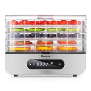 reemix food dehydrator machine, compact dehydrators for food and jerky, fruits, veggies, 500w dehydrated dryer with temperature control, 5 bpa-free trays dishwasher safe, silver