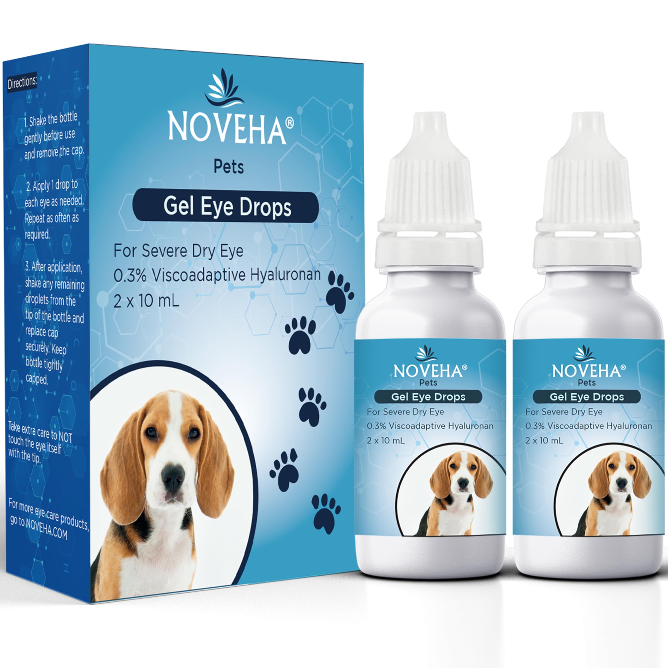 NOVEHA Pet Gel Eye Drops with 0.3% Viscoadaptive Hyaluronan | Eye Solution for Severe Dry Eyes - Long Lasting Hydration, Reduces Nuisance, Swelling & Dryness - Eye Lube for Dogs and Cats (2x10mL)