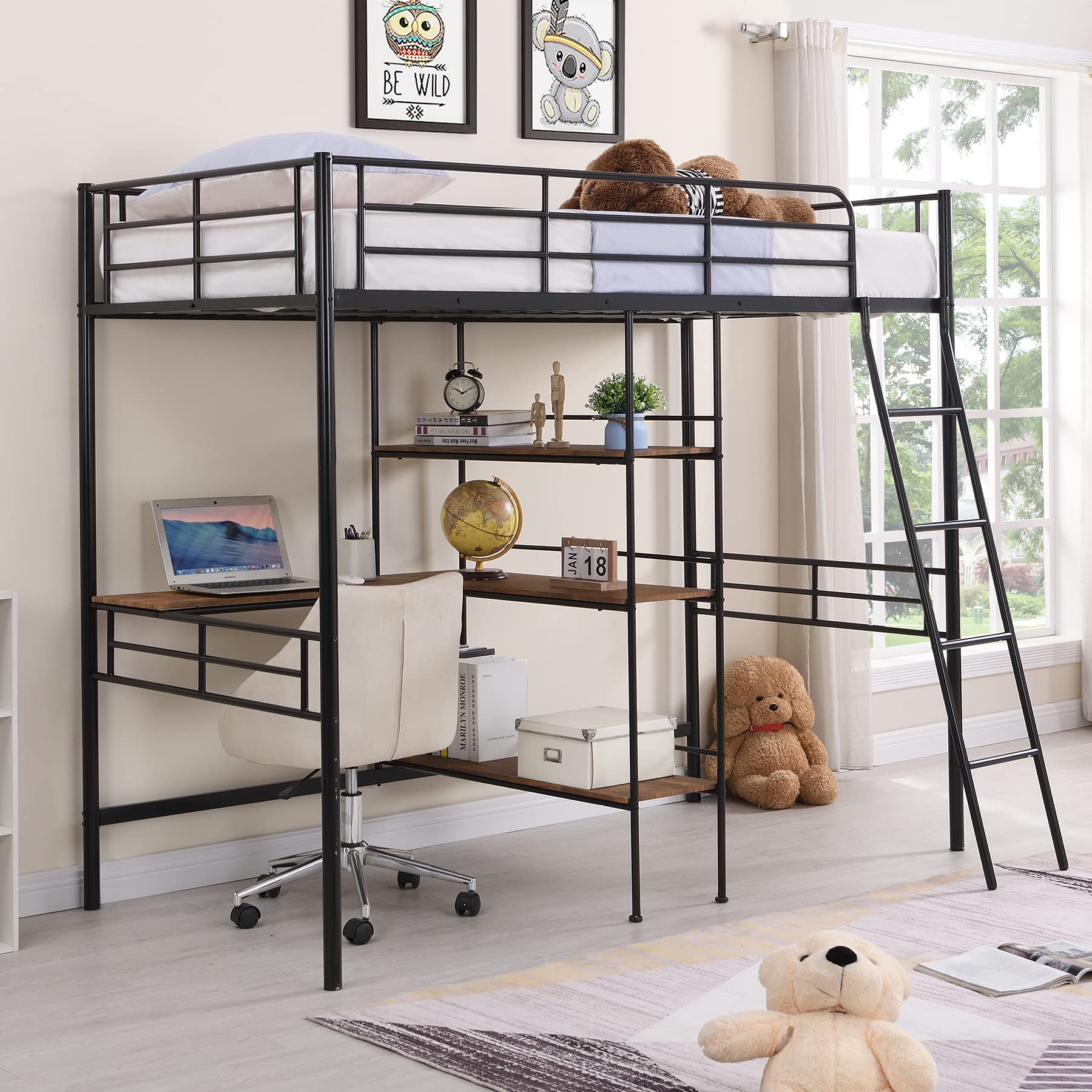 P PURLOVE Twin Size Metal Loft Bed with Desk for Kids,Girls,Boys,Twin High Loft Bed with Storage Shelves and Built in Ladder for Living Room,No Box Spring Needed,Black