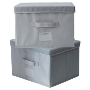 augfox 2 pack collapsible storage bins with lids - stackable storage bins with handles, efficient memory box, fabric storage bins with lid for versatile storage (dark grey, 14.2” l x 13" w x 9.4" h)