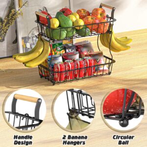 Crixny 2 Tier Fruit Basket for Kitchen Counter with 2 Banana Hangers, Fruit Bowl for Kitchen Counter, Large Fruit Basket Stand, Fruit and Vegetable Storage Fruit Holder for Produce Snack Onion Bread