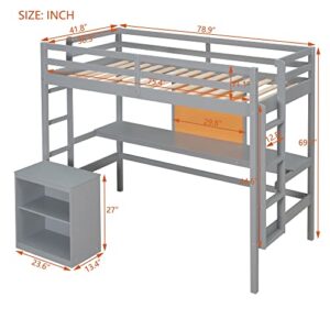 BOVZA Twin Size Loft Bed with Desk and Writing Board, Cabinet, Wood Loft Bed Frame with 2 Built-in Ladder and Guardrails for Kids Teens Girls Boys, Gray