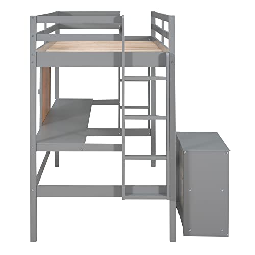 BOVZA Twin Size Loft Bed with Desk and Writing Board, Cabinet, Wood Loft Bed Frame with 2 Built-in Ladder and Guardrails for Kids Teens Girls Boys, Gray