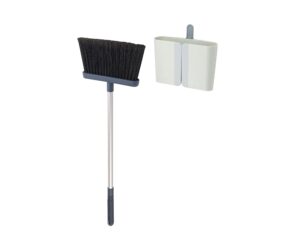 joseph joseph cleanstore wall-mounted adjustable long handle broom sweeper with dust-shield storage, indoor sweeping floor brush with soft bristles and comb