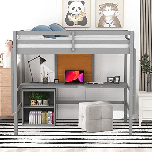 BOVZA Twin Size Loft Bed with Desk and Writing Board, Cabinet, Wood Loft Bed Frame with 2 Built-in Ladder and Guardrails for Kids Teens Girls Boys, Gray