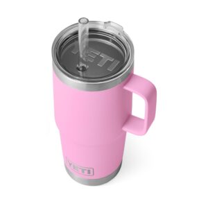 yeti rambler 25 oz tumbler with handle and straw lid, travel mug water tumbler, vacuum insulated cup with handle, stainless steel, power pink