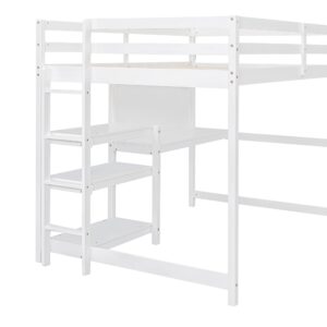 Full Size Loft Bed with Desk and Storage,Wood loft beds,for Girls Boys Teens Adults,No Box Spring Needed（White）