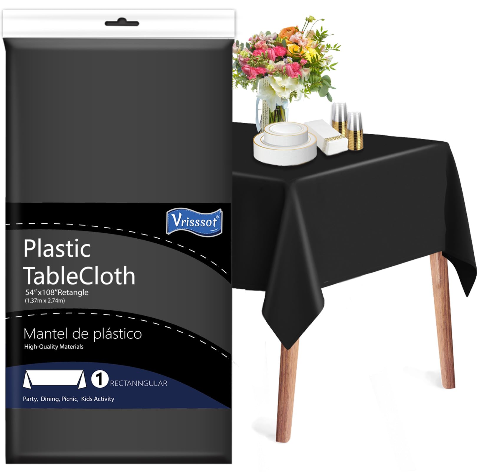 Vrisssot 12-Pack Black Plastic Tablecloth-54 x 108 in.Plastic Tablecloths for Rectangle Tables,Disposable Table Cloths for Parties,Banquet,Birthdays, Weddings.