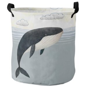 whale large laundry basket, waterproof laundry hamper for baby clothes, blue sea underwater clouds sky cartoon draw foldable laundry baskets with handles, 16.5''x17''