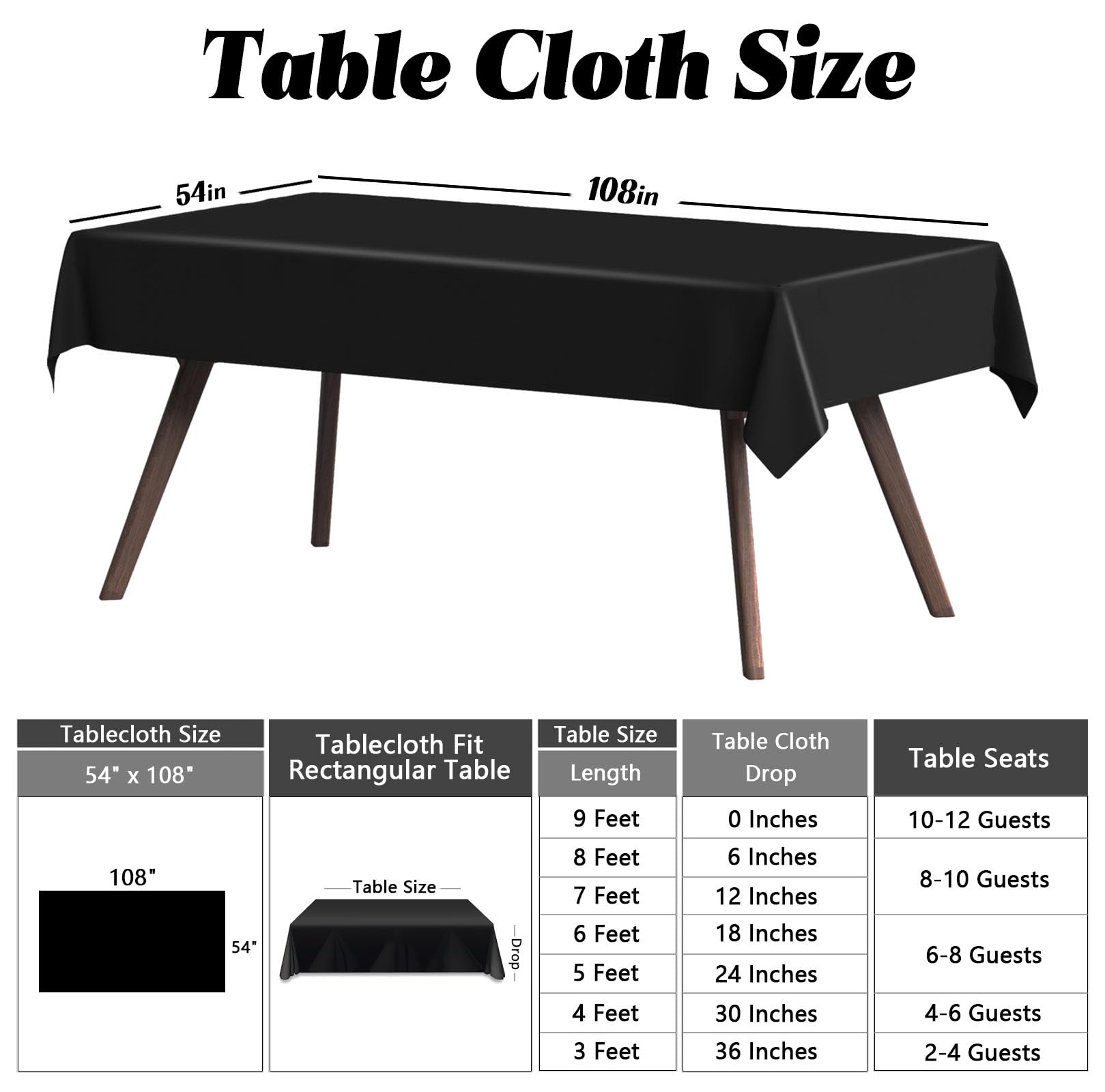 Vrisssot 12-Pack Black Plastic Tablecloth-54 x 108 in.Plastic Tablecloths for Rectangle Tables,Disposable Table Cloths for Parties,Banquet,Birthdays, Weddings.