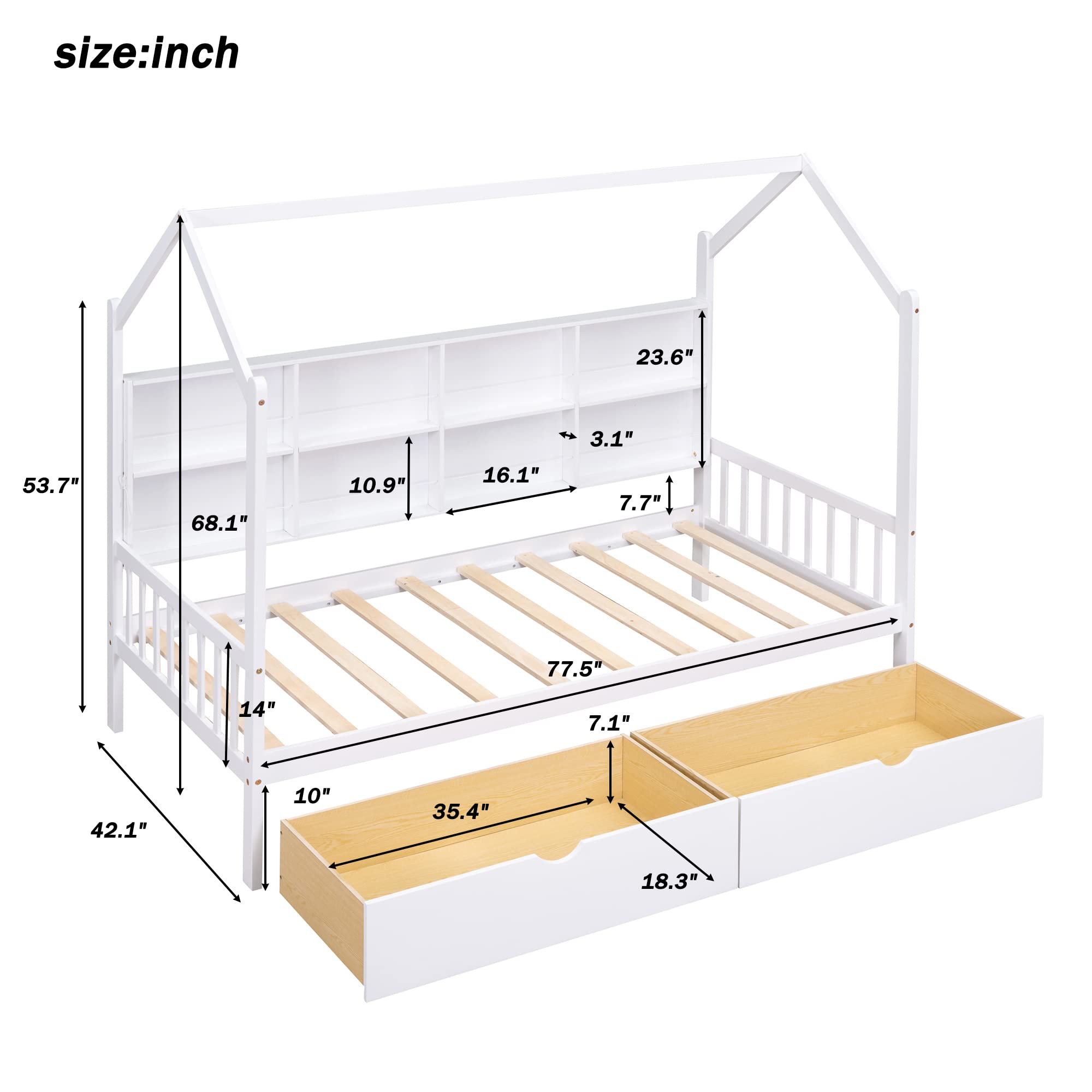 Wooden Twin Size House Bed with 2 Drawers for Boys Girls Kids Toddler,Kids Bed with Storage Shelf, White