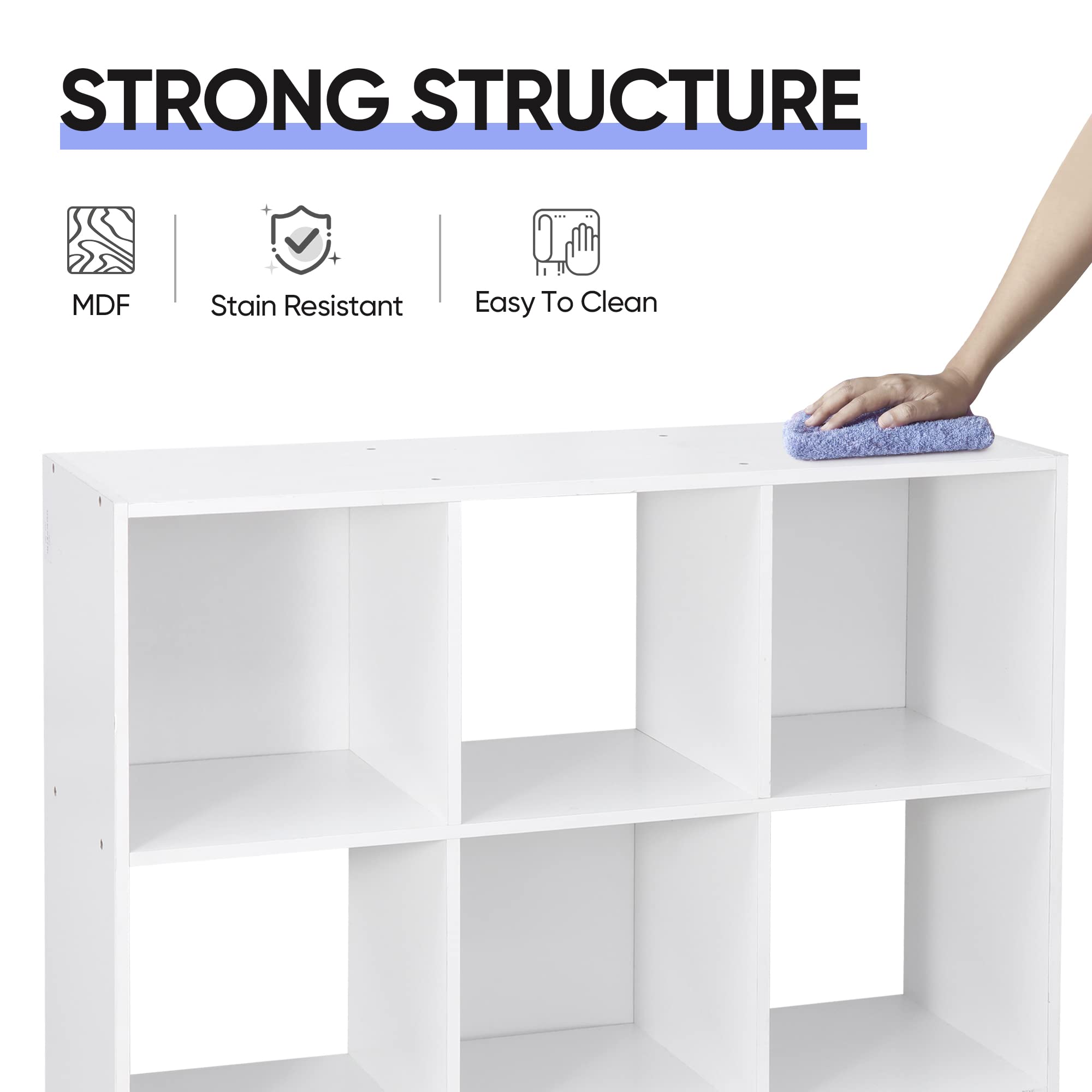 Nouva 9 Cube Storage Organizer Shelf with 5 Removable Back Panels Freestanding 3-Tier Open Wood Bookshelf for Home, Office, Bedroom, Living Room, White