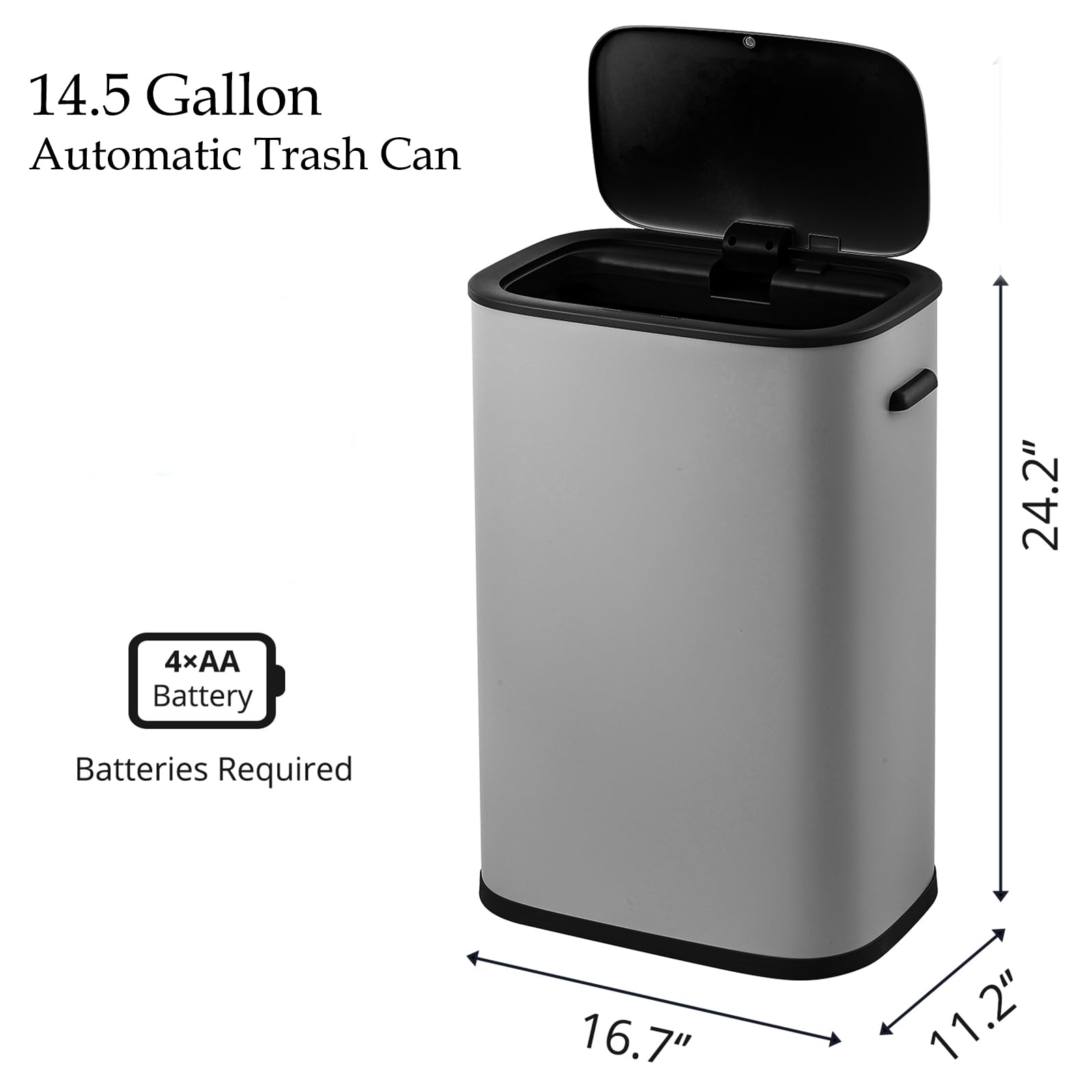 GAOMON Automatic Trash Can with Lid, 14.5 Gallon Touchless Garbage Can, Smart Motion Sensor Rubbish Can, 55 L Rectangular Stainless Steel Waste Basket for Kitchen Office Toilet Bedroom, Gray