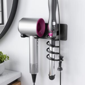 tindbea hair dryer holder + curling iron holder, matte black blow dryer holder wall mount, bathroom hair tool organizer rack for universal dryer