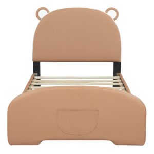 Cute Twin Size PU Leather Upholstered Platform Bed with Bear-Shaped Headboard and Footboard for Kids Boys Girls (Twin, Brown+White@Bear-Shaped)