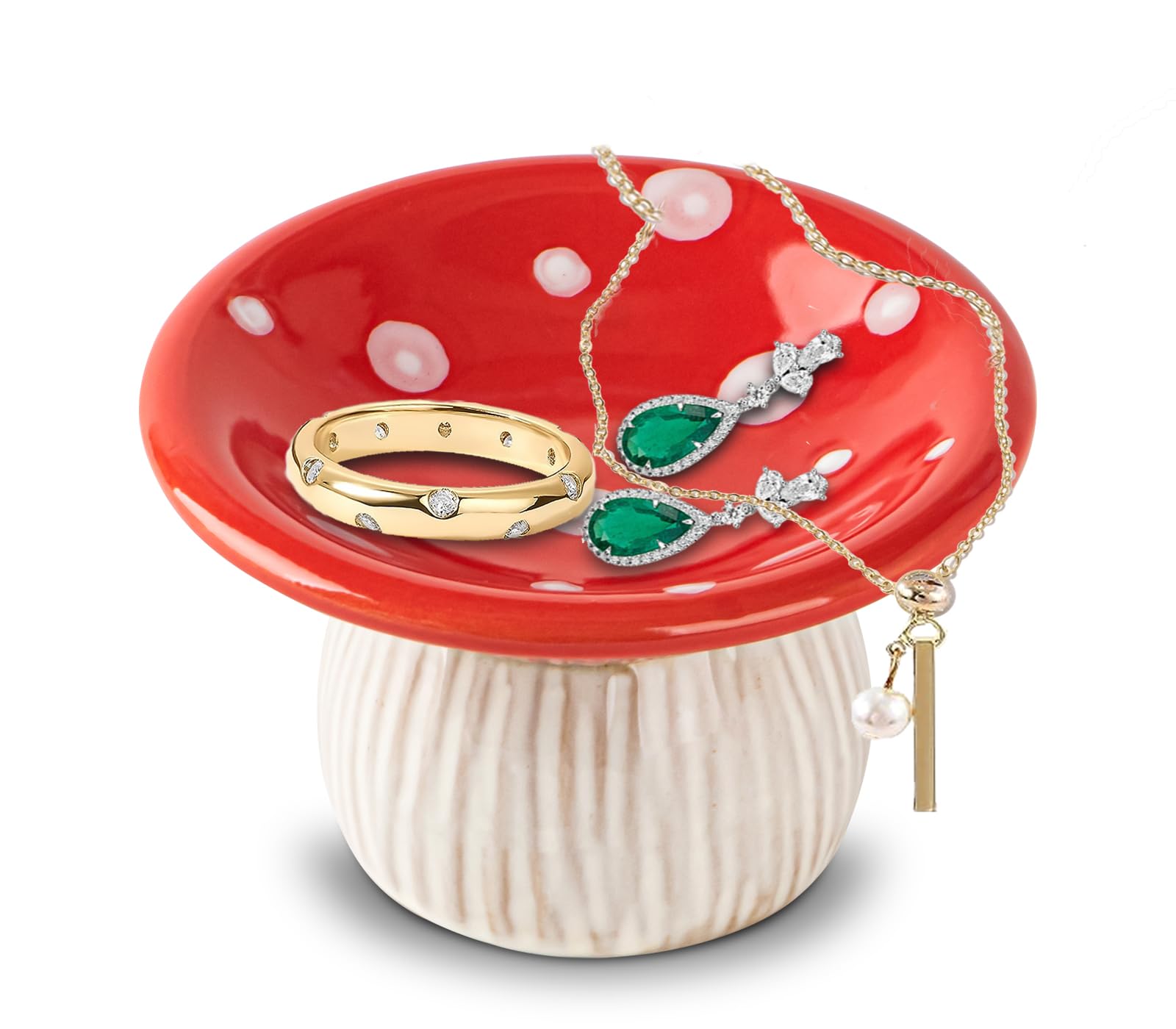 dgudgu Mushroom Ring Holder Jewelry Tray Red Ring Dish Ceramic Trinket Storage Jar Mini Engagement Ring Holder