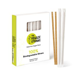 100% biodegradable individually wrapped cocktail stirrers – 100 pcs of 5.50 inches premium quality disposable coffee stirrers, best biodegradable stirrers for all drinks – by the veggie straws