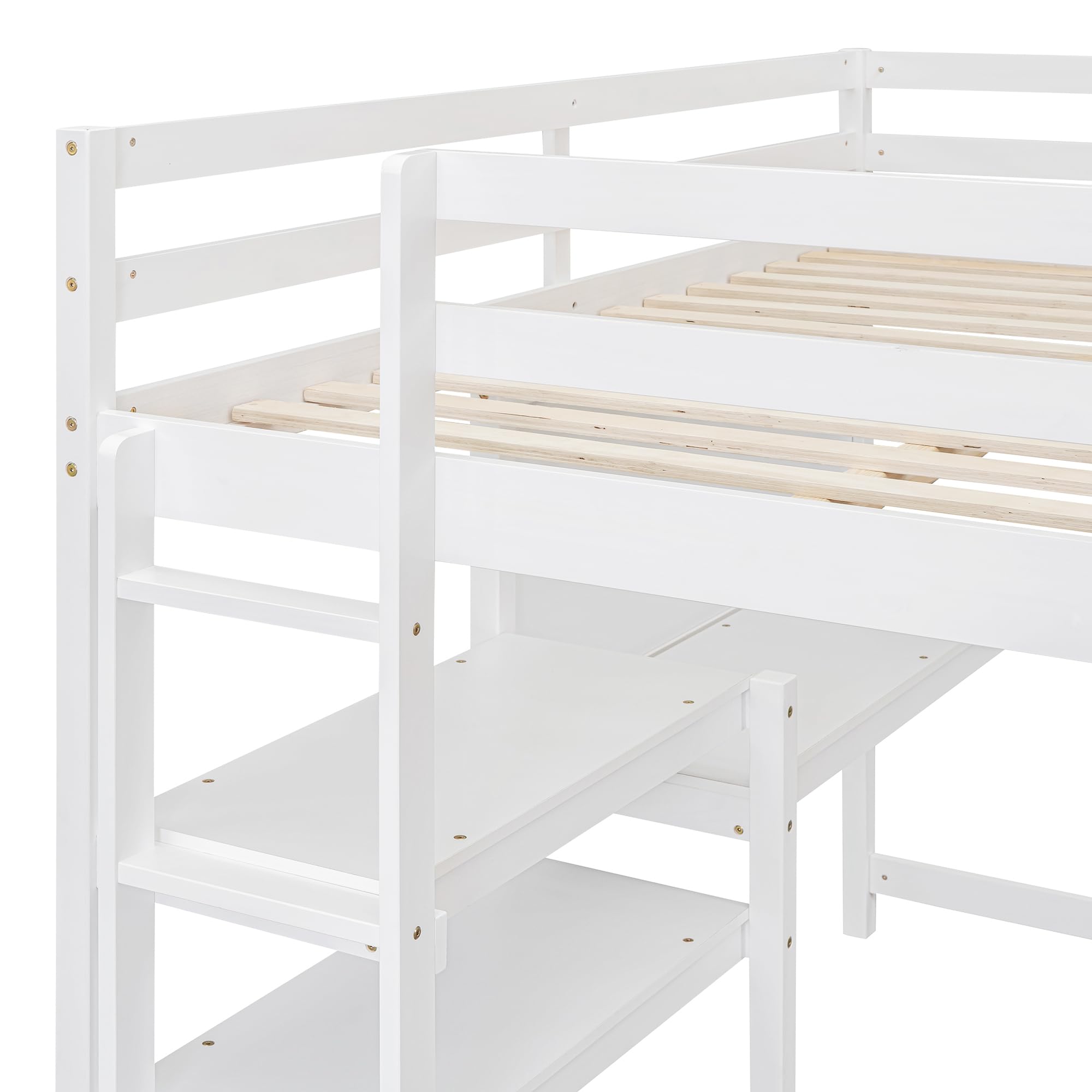 Full Size Loft Bed with Desk and Storage,Wood loft beds,for Girls Boys Teens Adults,No Box Spring Needed（White）