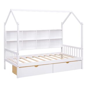 Wooden Twin Size House Bed with 2 Drawers for Boys Girls Kids Toddler,Kids Bed with Storage Shelf, White