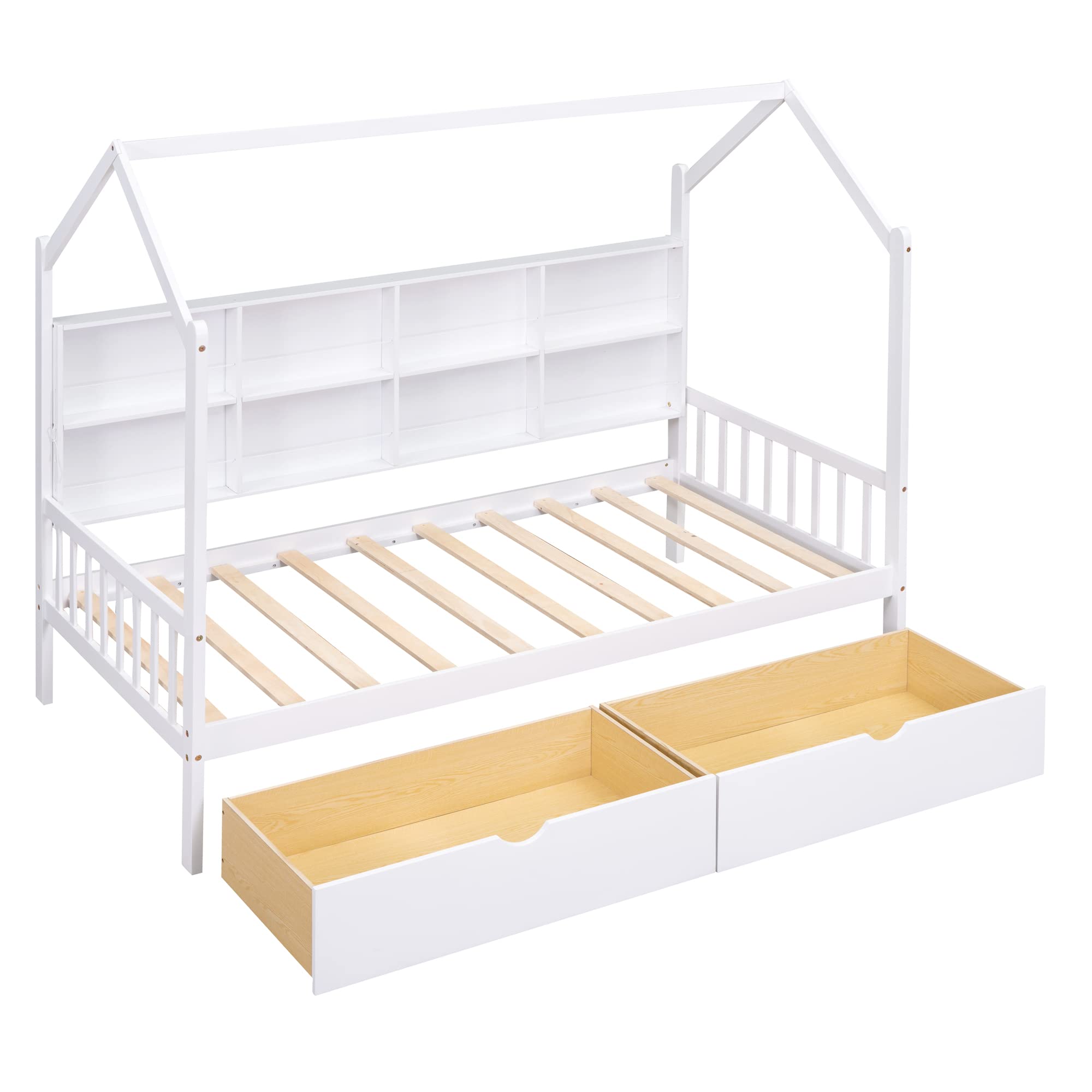 Wooden Twin Size House Bed with 2 Drawers for Boys Girls Kids Toddler,Kids Bed with Storage Shelf, White