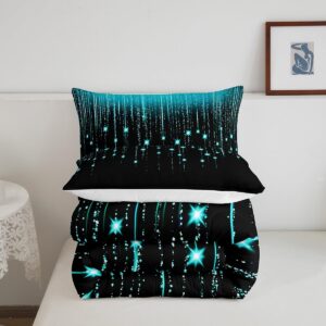 Abstract Ombre Comforter Set Teal Black Teens Bedding Set for Boys Girls Women Kids Modern Geometric Comforter Glitter Galaxy Stars Decor Quilt Set Bedroom Collection 3Pcs Full Size