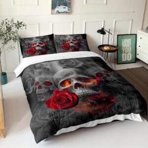 AILONEN Sugar Skull Duvet Cover Set King Size, Red Rose Skull Comforter Cover Set,Halloween Bedding Set,3PCS Smoke Fog Luxurious Horror Nature Grey Black Breathable Quilt Cover and 2 Pillowcases