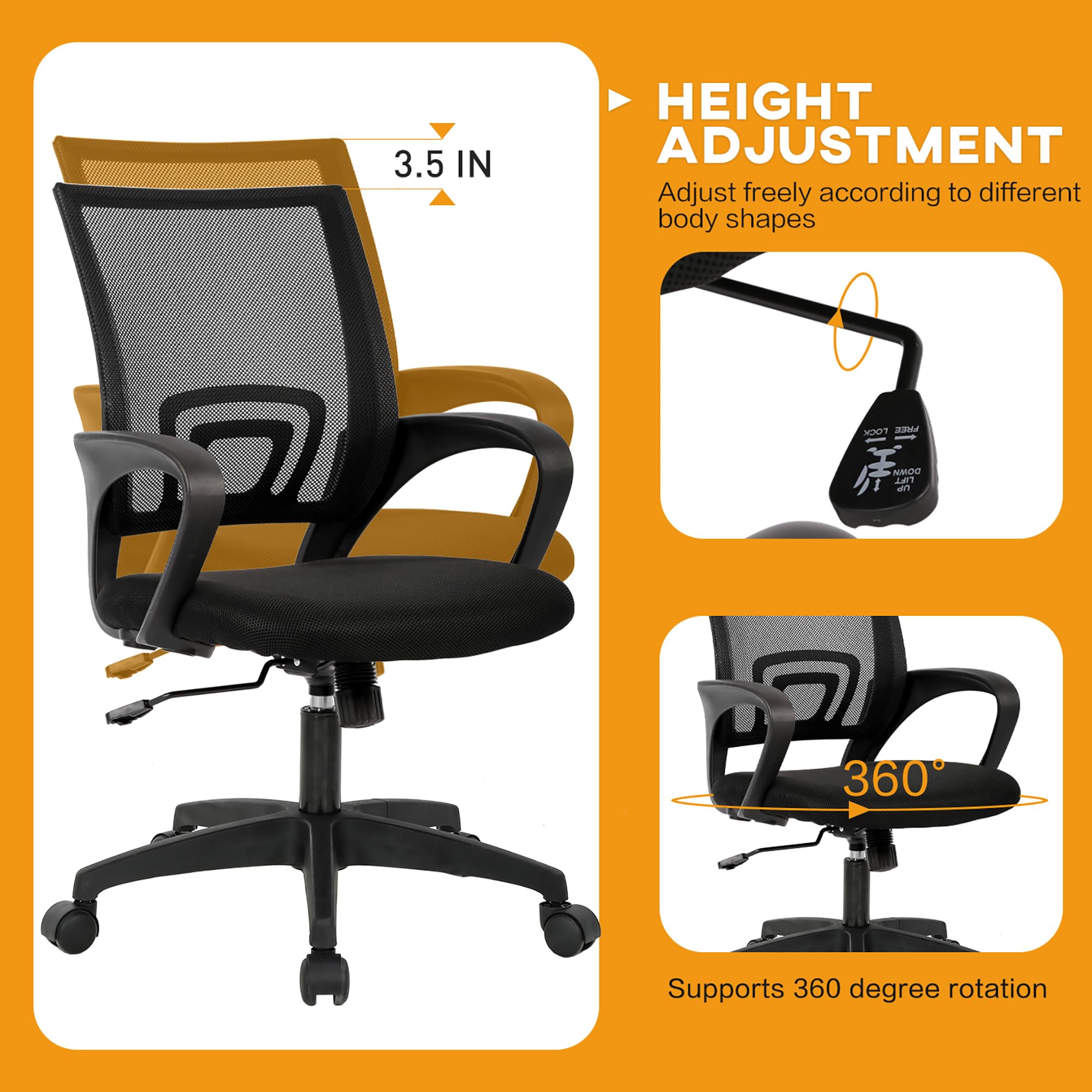 Furniture of America Knoll Ergonomic Desk Chair, Mesh Computer Chair with Lumbar Support& Armrest, Adjustable Home Mid Back Task Chair Modern Executive Rolling Swivel for Home Office, Black