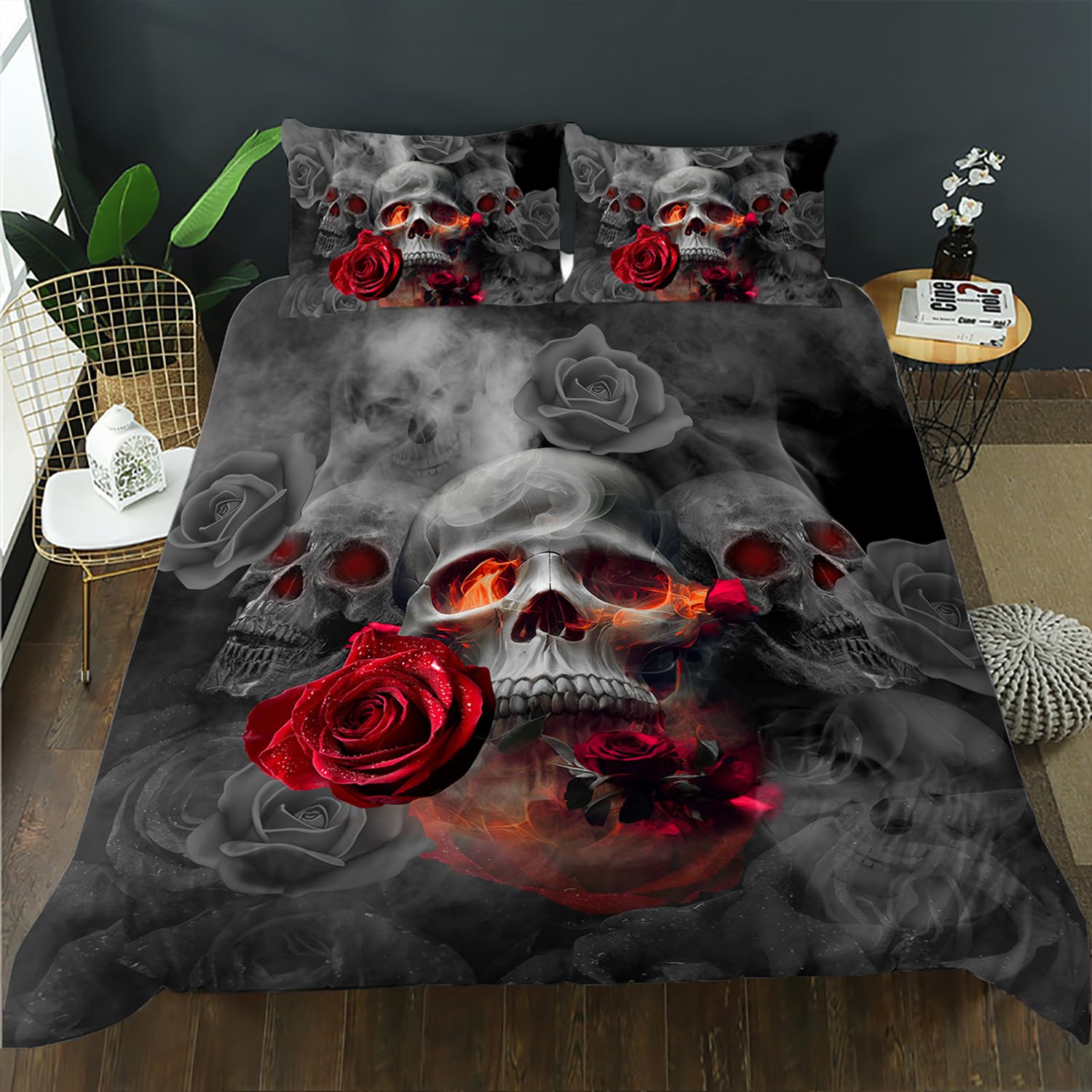 AILONEN Sugar Skull Duvet Cover Set King Size, Red Rose Skull Comforter Cover Set,Halloween Bedding Set,3PCS Smoke Fog Luxurious Horror Nature Grey Black Breathable Quilt Cover and 2 Pillowcases