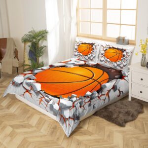 Erosebridal Boys Basketball Comforter Cover for Kids Teen Sports Bed Set, Ball Game Duvet Cover Full Size White Grey Orange Bedding Sets, Abstract Block Bedspread Cover 3pcs with 2 Pillow Case