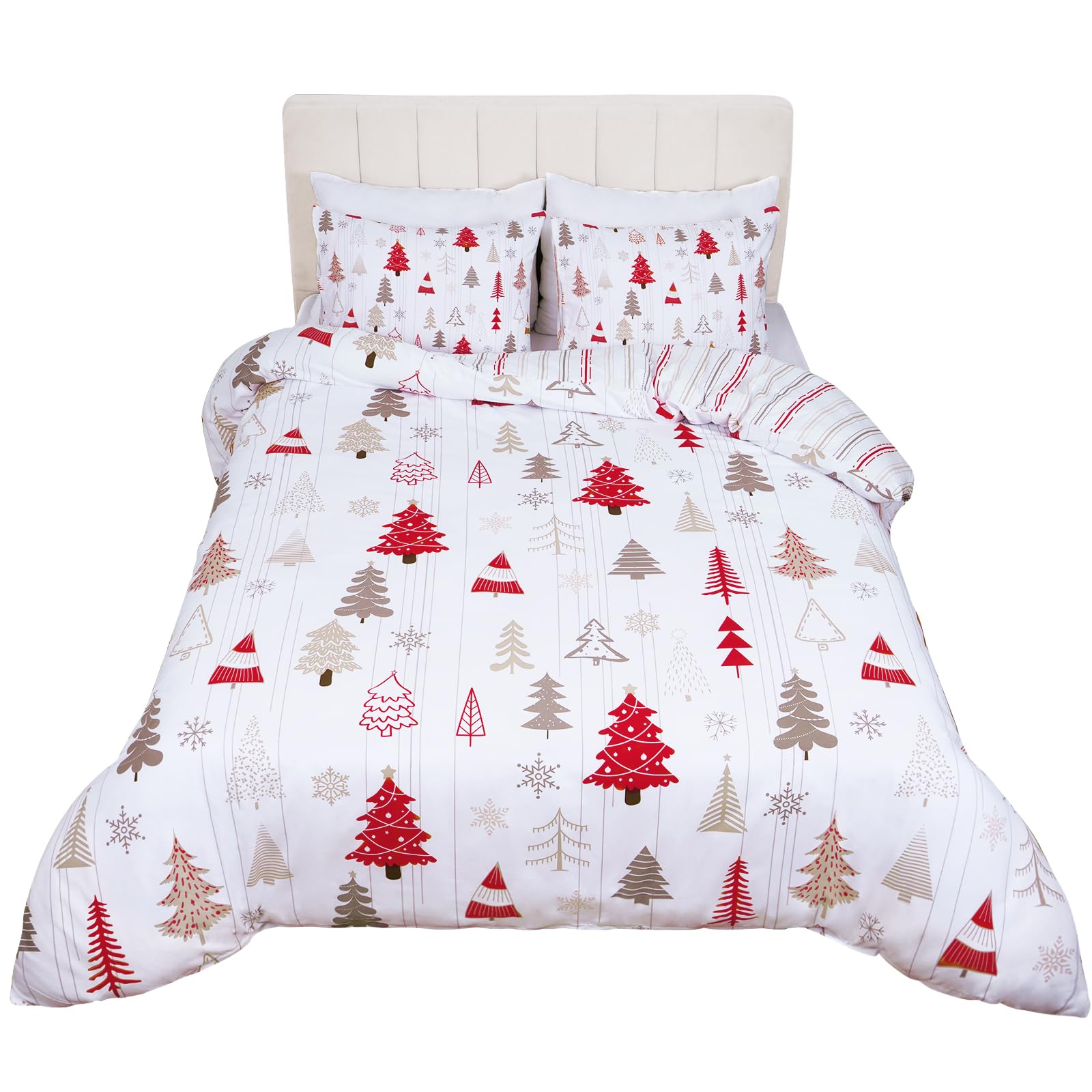 ASPMIZ 3 Piece Christmas Duvet Cover Queen Set - Soft Double Brushed Retro Christmas Tree Duvet Cover with Zipper Closure, Stripe Comforter Cover Set, 1 Duvet Cover 90 x 90 inches and 2 Pillow Shams