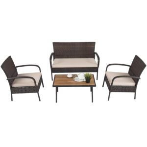 costway 4pcs patio rattan furniture set outdoor conversation set coffee table w/cushions