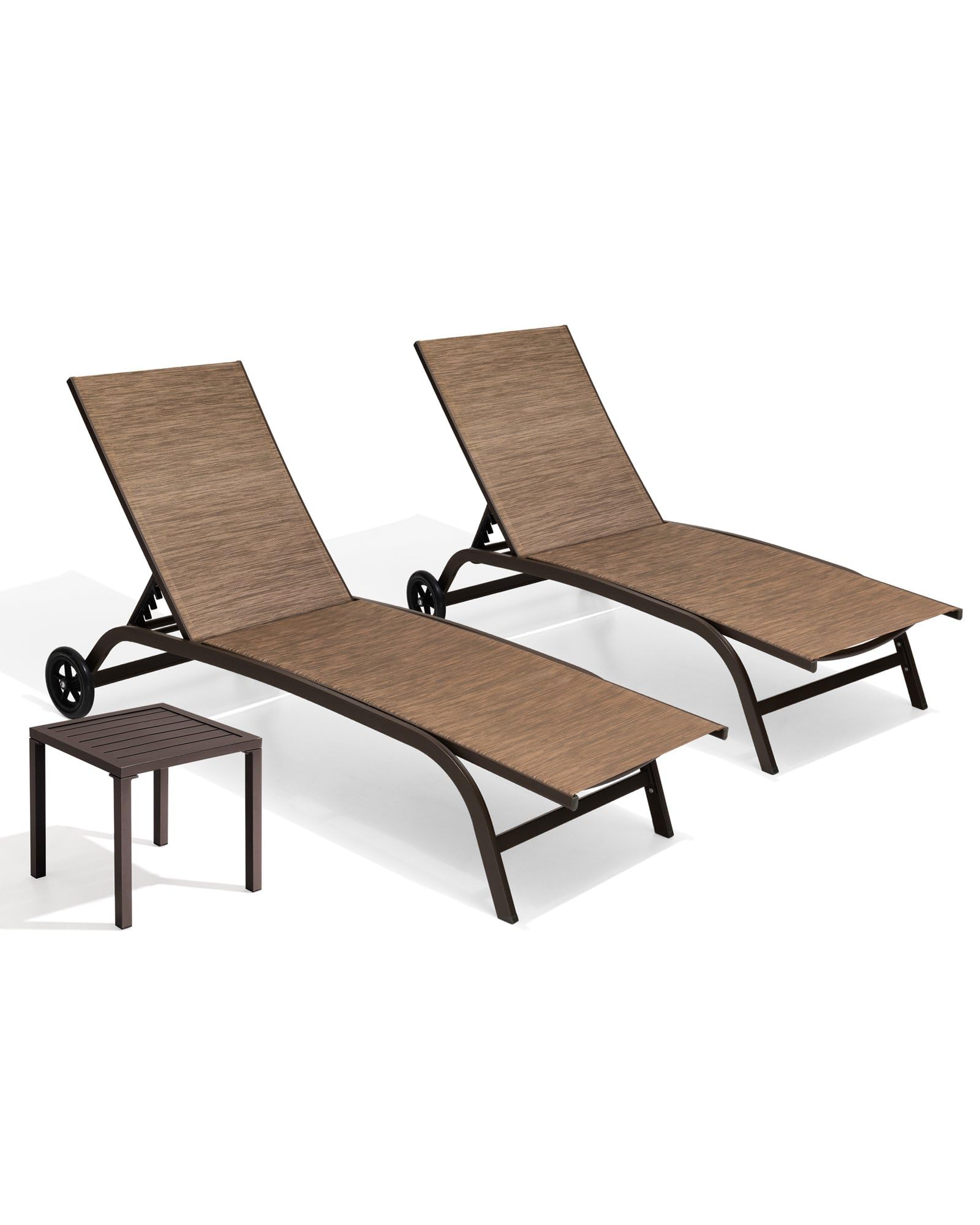 Crestlive Products Outdoor Chaise Lounge Chairs with Wheels Set of 3, Pool Lounge Chairs with 5 Adjustable Position for Patio, Poolside, Yard, Brown