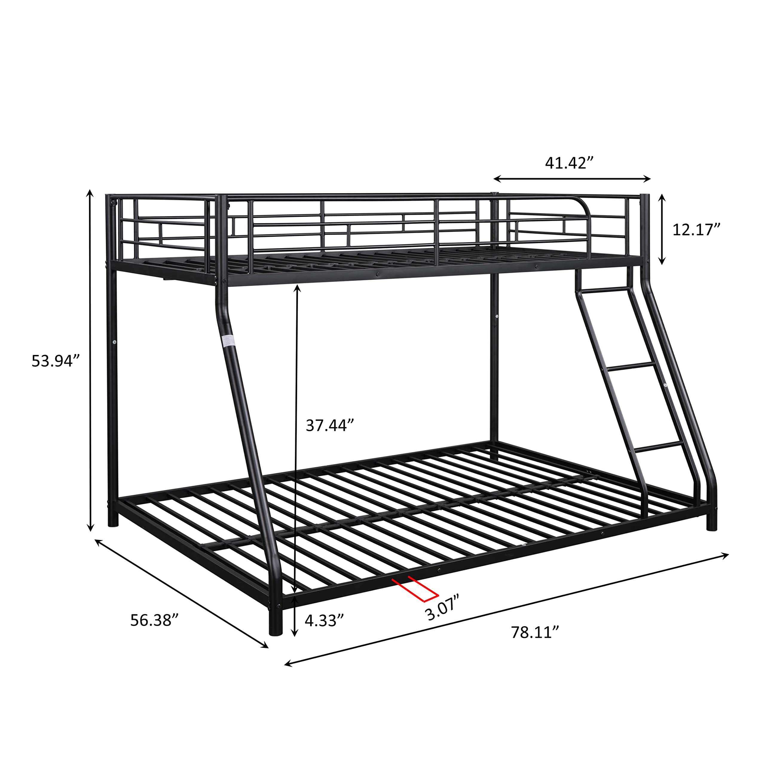 HomJoones Metal Bunk Beds,Heavy Duty Metal Bunk Bed Twin Over Full Size, Heavy Duty Floor Bunk Beds Frame with Enhanced Upper-Level Guardrail/No Box Spring Needed (M1 Black)