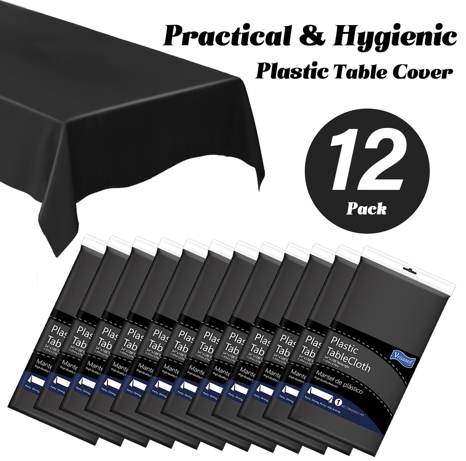 Vrisssot 12-Pack Black Plastic Tablecloth-54 x 108 in.Plastic Tablecloths for Rectangle Tables,Disposable Table Cloths for Parties,Banquet,Birthdays, Weddings.